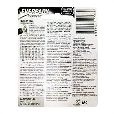 Eveready 1012 Red AAA Battery x 4 Blister Pack (Pencil Cell)