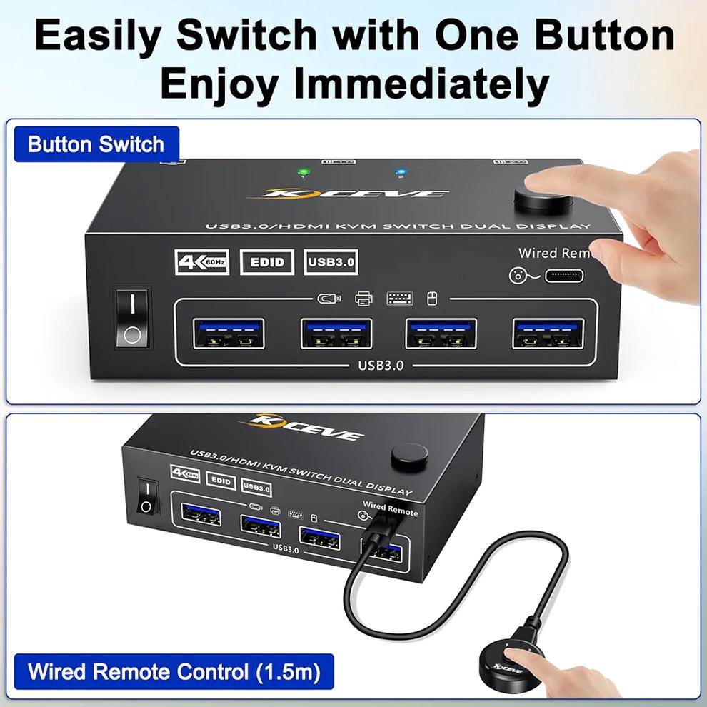 USB 3.0 HDMI KVM Switch 4K@60Hz 2K@144Hz, 2 PC 2 Monitors, EDID ...