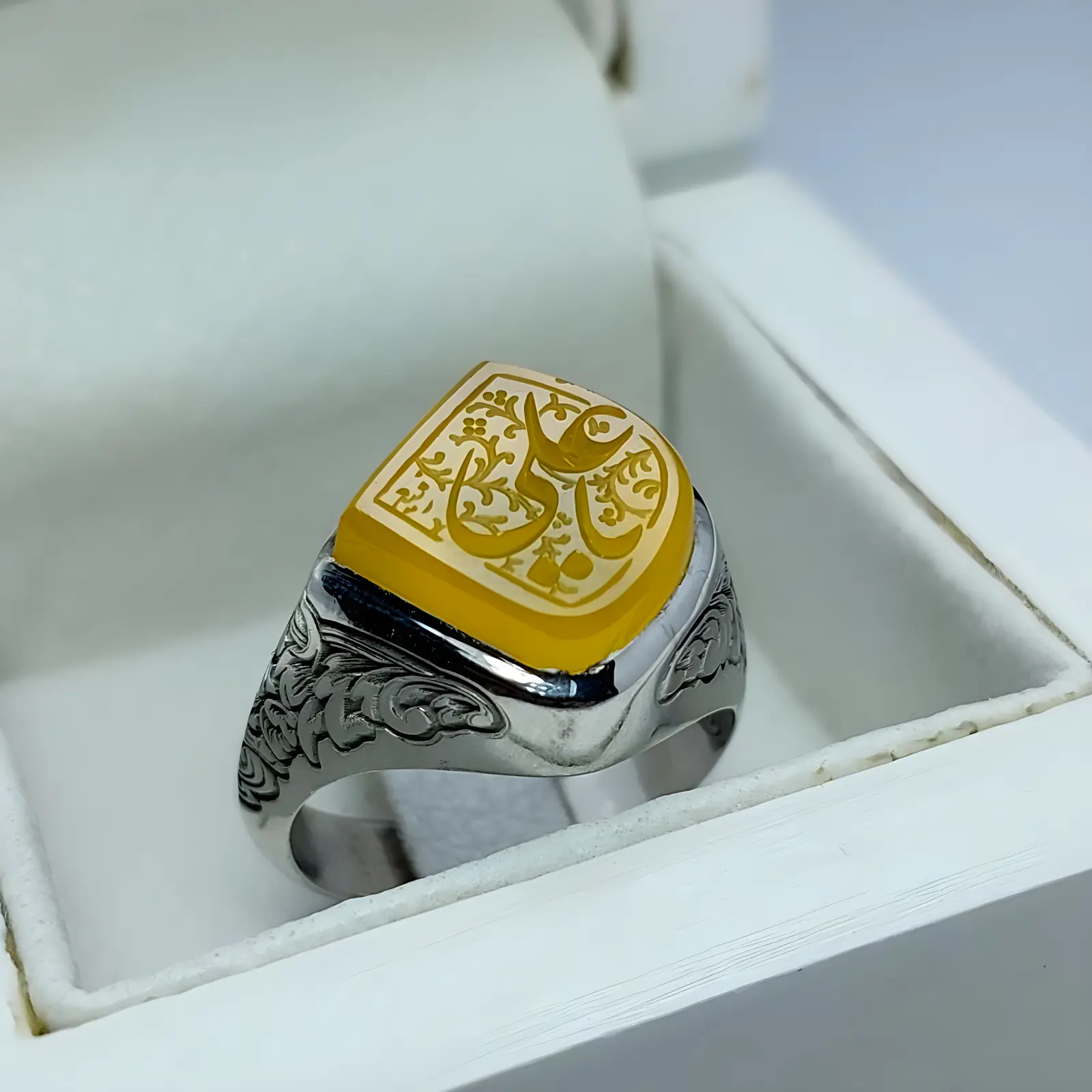 Genuine Yellow Aqeeq Ring in 925 Sterling Silver – Engraved & Iranian Made