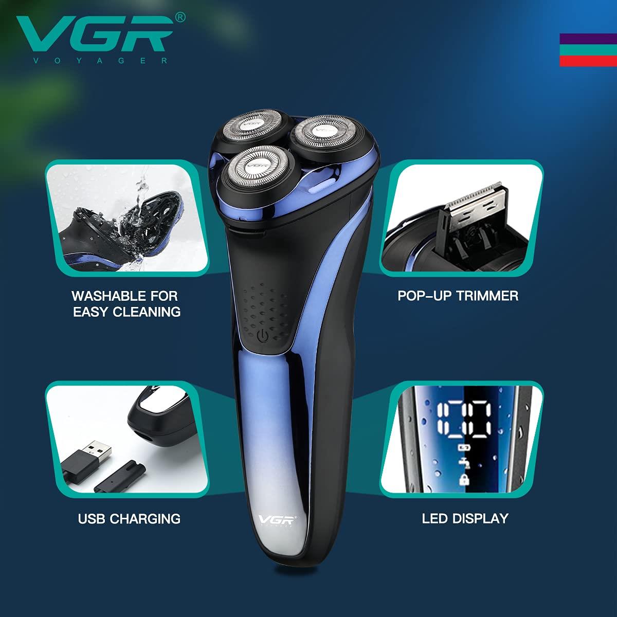VGR V-306 Wet & Dry Premium Cordless Rechargeable IPX7 Fully Waterproof 3 Head Electric Shaver